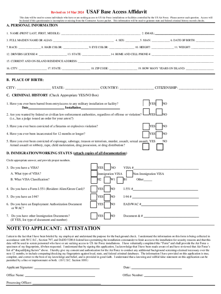 Fillable Online Revised on 14 Mar 2024 USAF Base Access Affidavit Fax ...