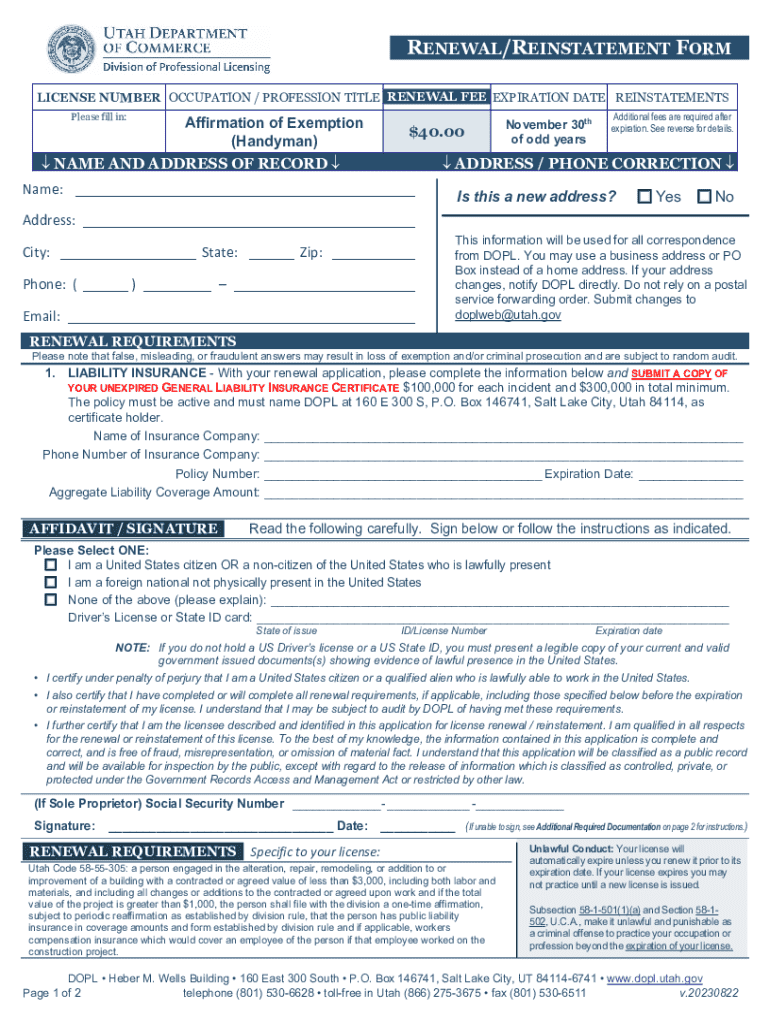 Fillable Online dopl utah Affirmation of Exemption Fax Email Print - pdfFiller