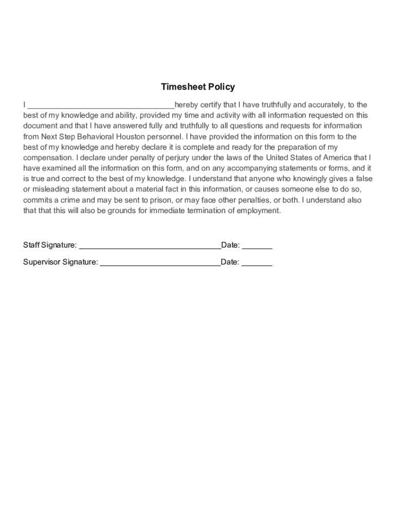 Fillable Online POLICY STATEMENT Timesheet Completion Fax Email Print ...