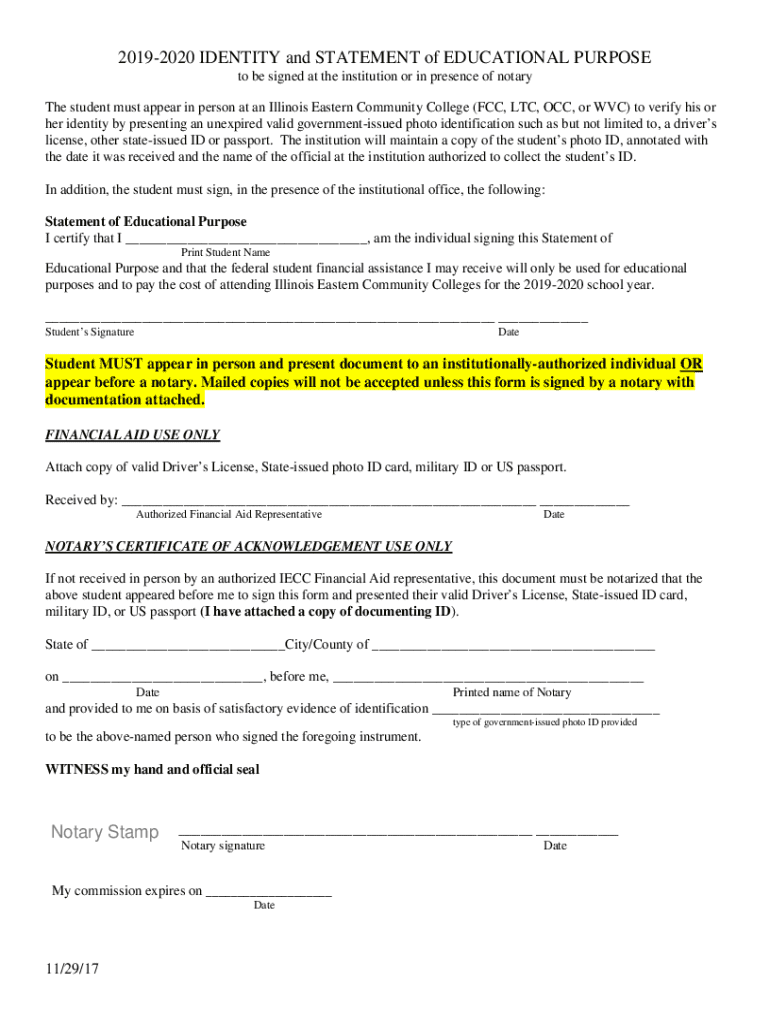 Fillable Online 2019-2020 Identity and Statement of Educational Purpose ...