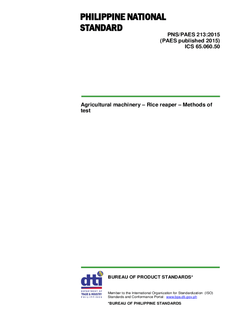 Fillable Online PNS/PAES 213: Agricultural Machinery -- Rice Reaper Fax ...