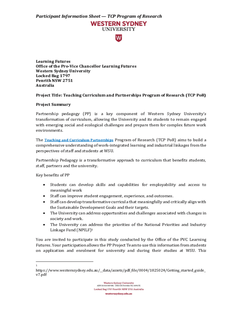 Fillable Online Participant Information SheetTCP Program of Research Fax Email Print - pdfFiller