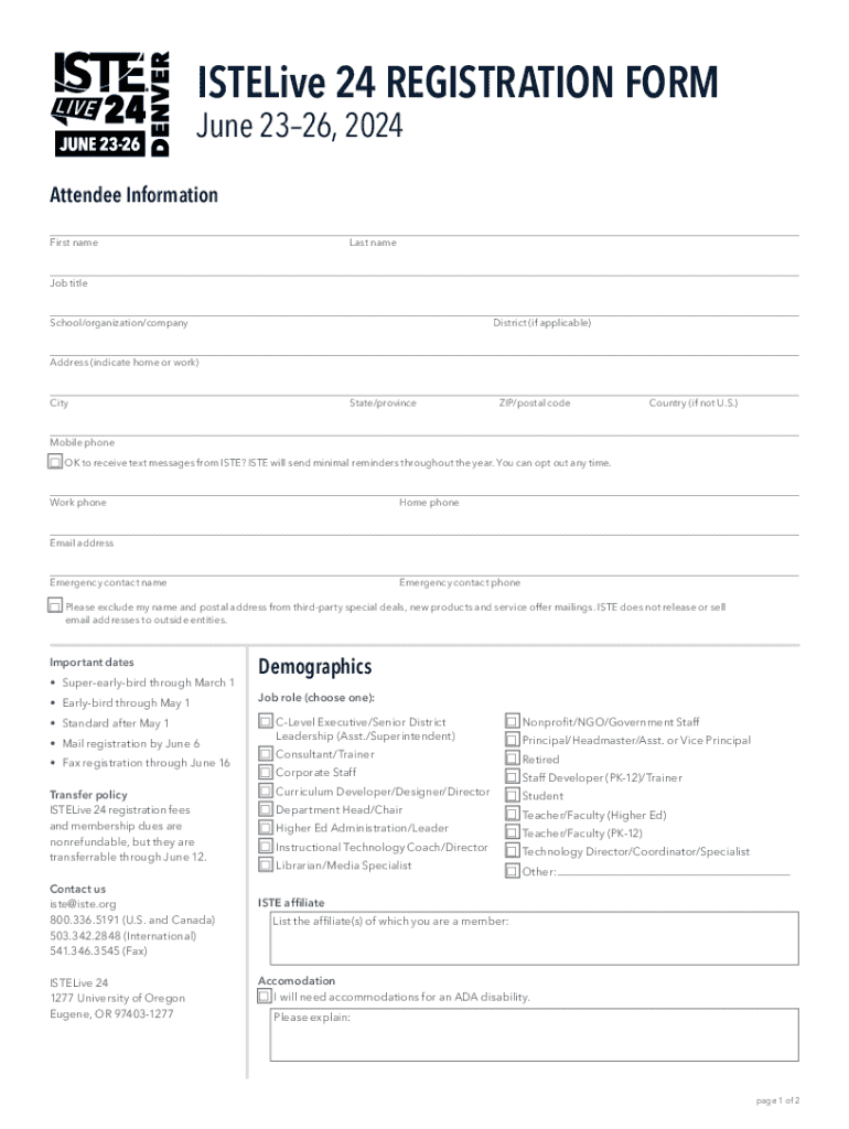 Fillable Online ISTELive 24 REGISTRATION FORM Fax Email Print - pdfFiller