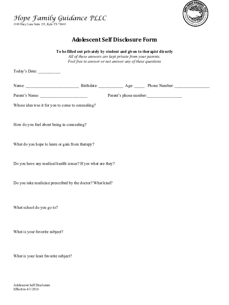 Fillable Online Child Self Disclosure Form Fax Email Print - pdfFiller