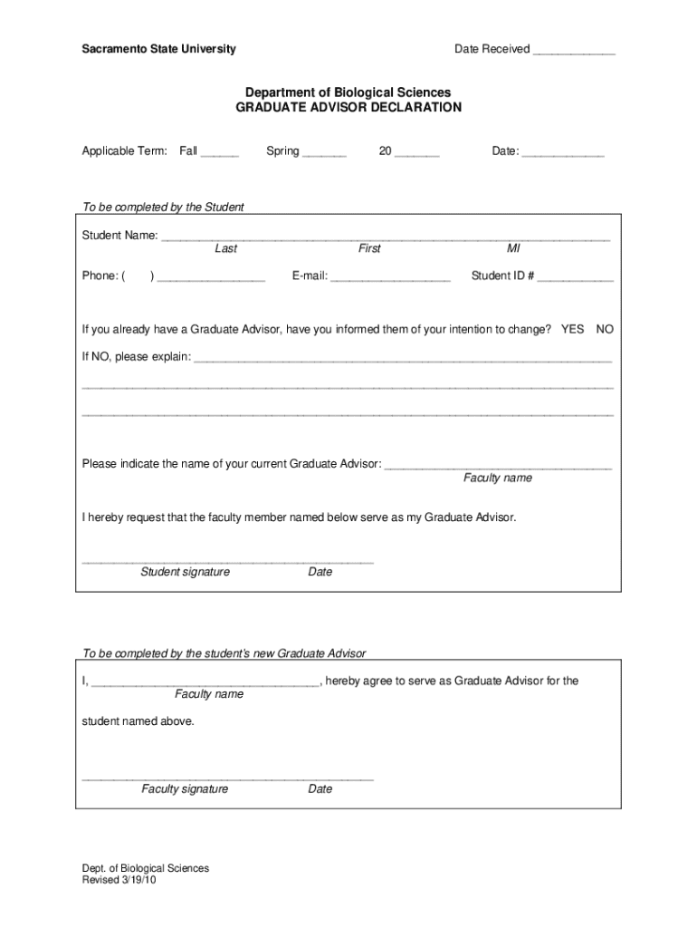 Fillable Online Department of Biological Sciences GRADUATE ADVISOR ... Fax Email Print - pdfFiller