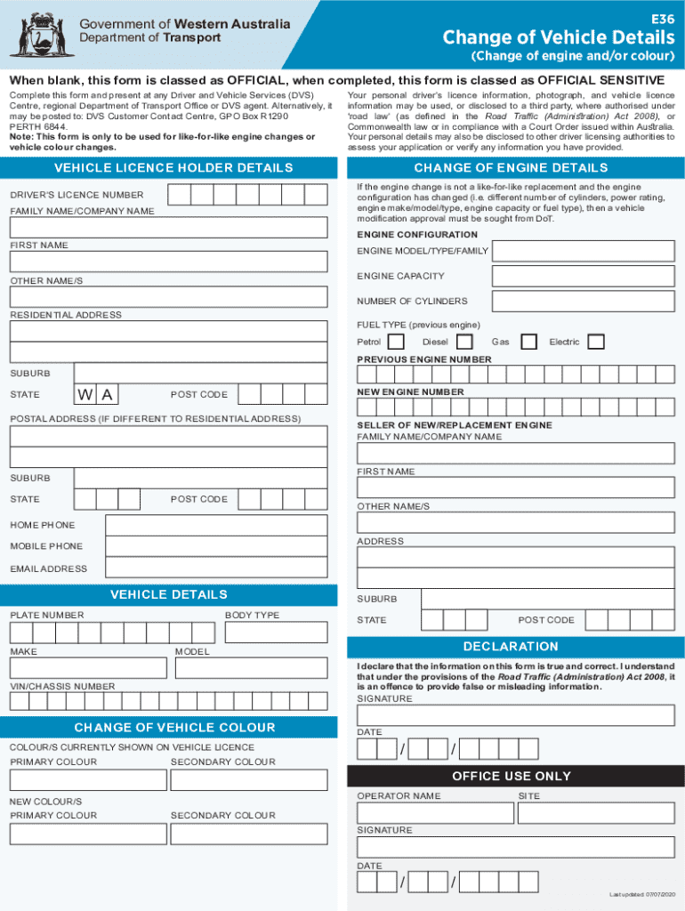 Fillable Online transport wa gov Change of vehicle detailsChange of ...