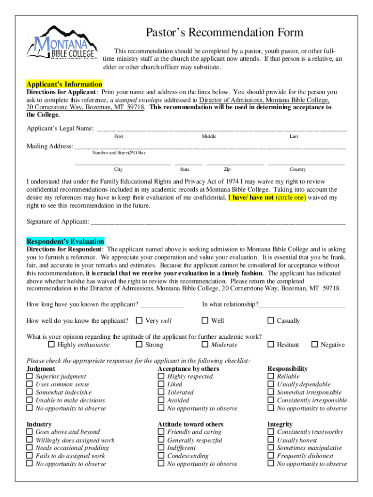 Fillable Online Pastor's or Youth Pastor's Reference Form Fax Email Print - pdfFiller