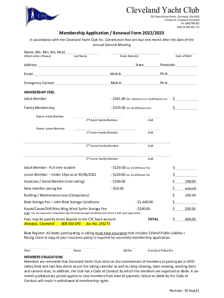 Fillable Online Membership Form 2022-2023 Kayak and other small boat ...