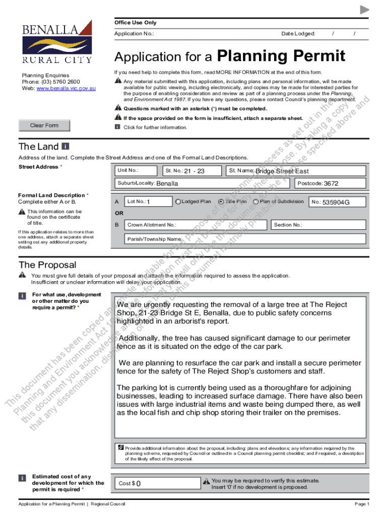 Fillable Online Planning Permit - Benalla Rural City Council - Victoria ...