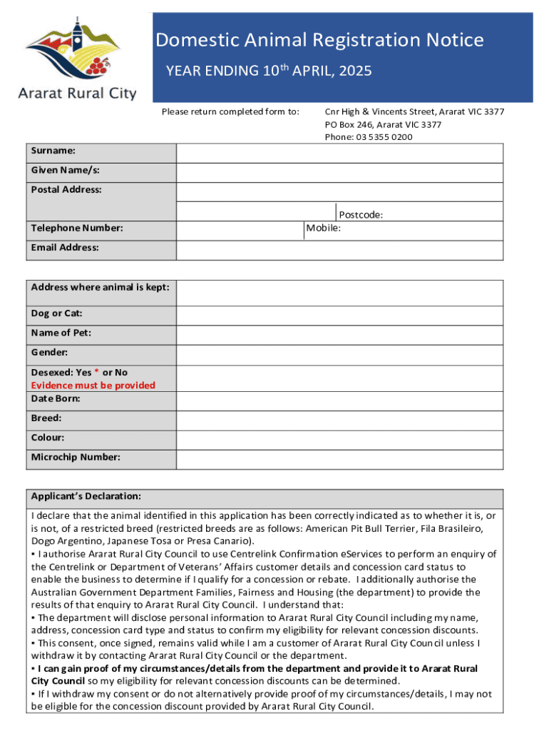 Fillable Online Registration of Cats and Dogs - Ararat Rural City ...