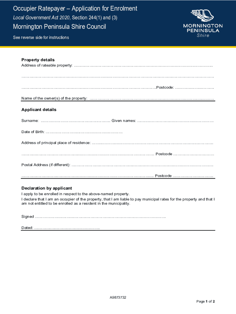 Fillable Online Occupier Ratepayer Application for Enrolment Fax Email ...