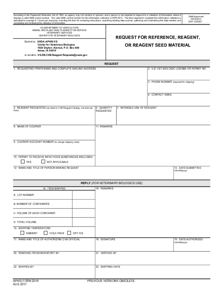 Fillable Online APHIS Form 2018 Request for Reference, Reagent, or ...