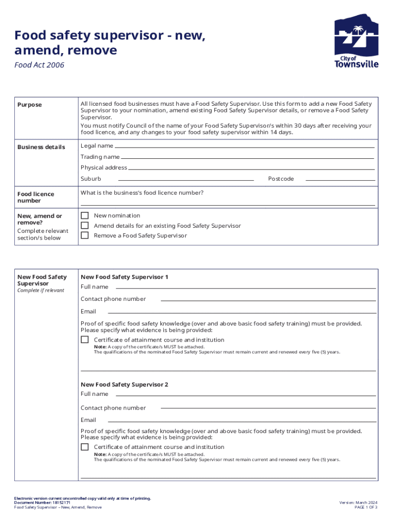 Fillable Online Food Safety Supervisor Form Fax Email Print - pdfFiller
