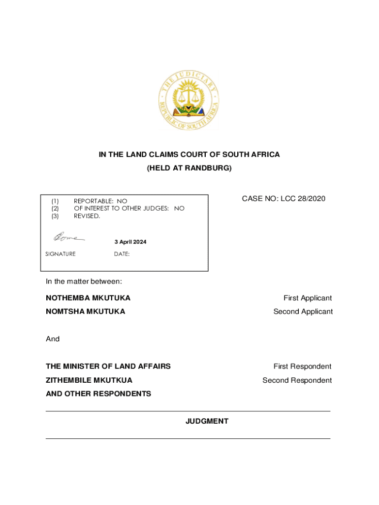Fillable Online in the land claims court of south africa held at durban ...
