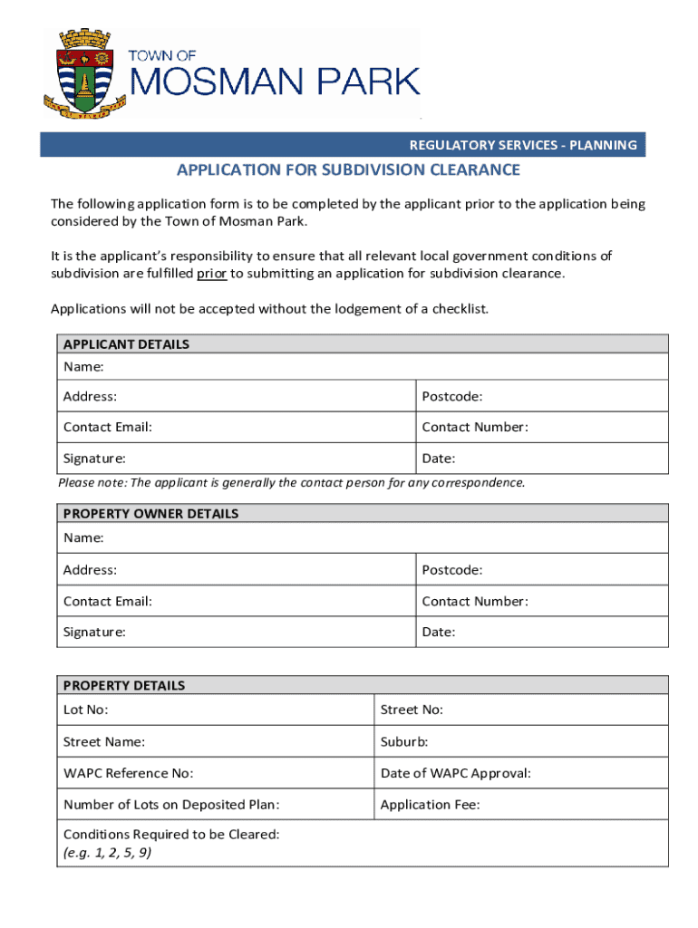 Fillable Online APPLICATION FOR SUBDIVISION CLEARANCE Fax Email Print - pdfFiller