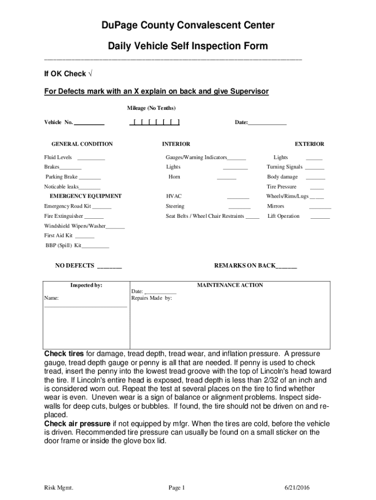 Fillable Online DuPage County Convalescent Center Daily Vehicle Self ...