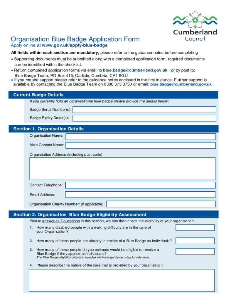 Fillable Online Organisational blue badge form Fax Email Print - pdfFiller