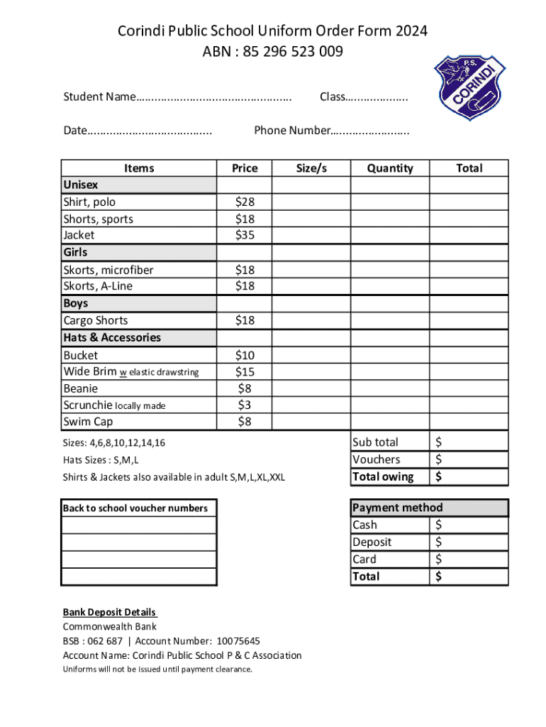 Fillable Online Corindi Public School Uniform Order Form ABN : 85 296 ...