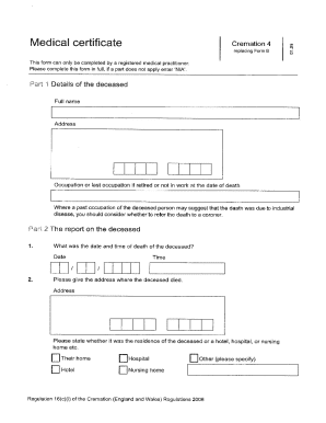 Fillable Online Completion of form Cremation 4 (Medical Certificate ...