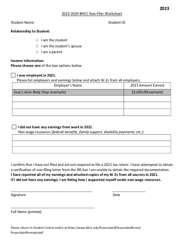 Fillable Online 2023-2024 BHCC Non-Filer Worksheet Student Name Fax Email Print - pdfFiller
