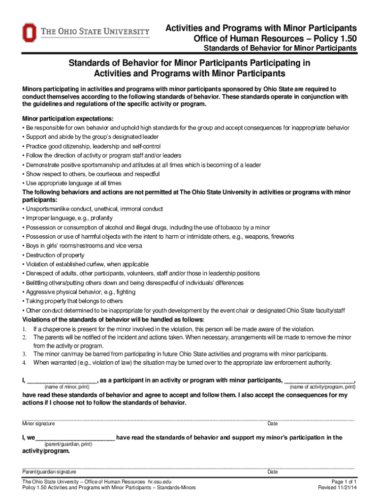 Fillable Online delaware osu Standards of Behavior with Children and ...