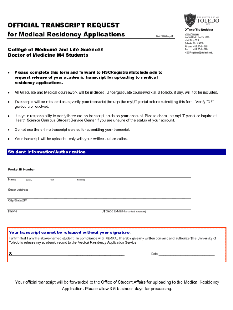Fillable Online OFFICIAL TRANSCRIPT REQUEST for Medical Residency ...