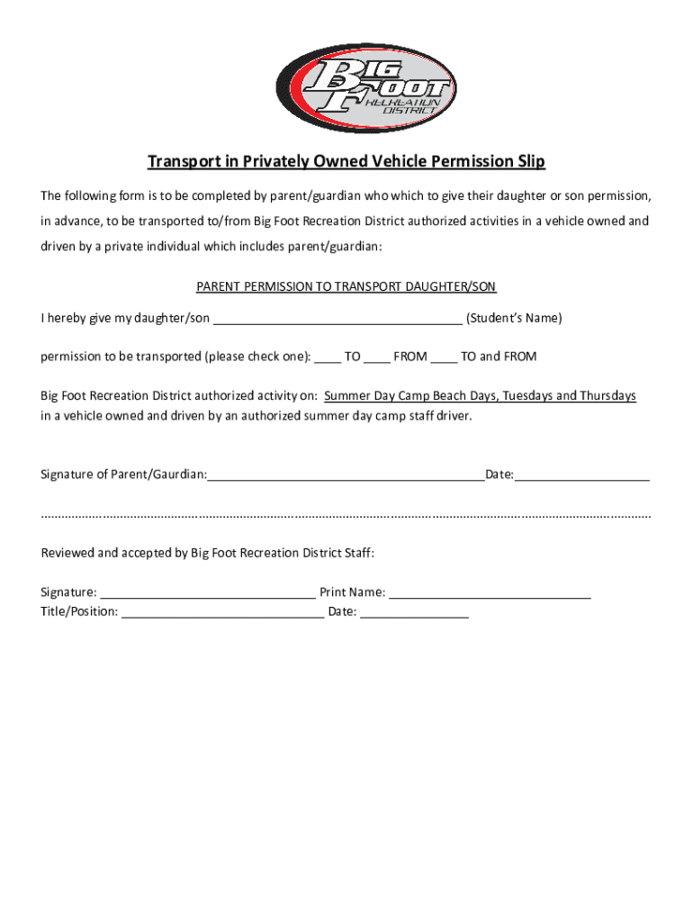 Fillable Online Transport in Privately Owned Vehicle Permission Slip ...