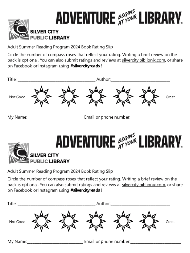 Fillable Online Adult Summer Reading Program 2024 Book Rating Slip Fax ...