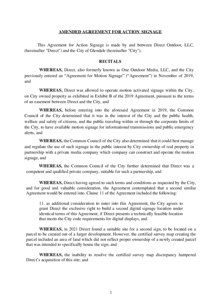 Fillable Online AMENDED AGREEMENT FOR ACTION SIGNAGE This Agreement ...