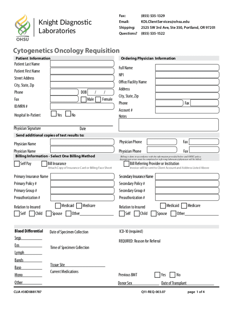 Fillable Online Knight Diagnostic Laboratories Cytogenetics Oncology Requisition Fax Email Print ...