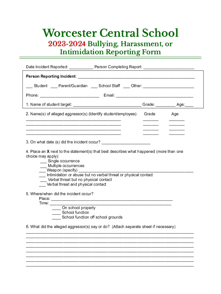 Fillable Online SafetyHarassment/Bullying Incident Report Form Fax ...