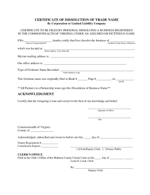 Fillable Online CERTIFICATE OF DISSOLUTION OF TRADE NAME ... Fax Email ...