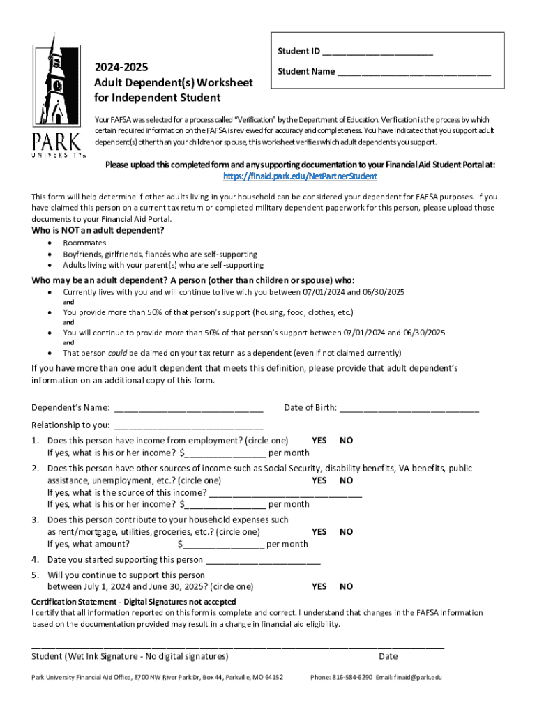 Fillable Online 2024-2025 Adult Dependent(s) Worksheet for Independent ...