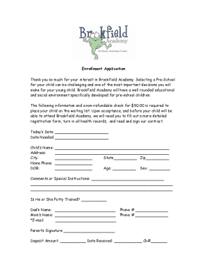 Fillable Online Enrollment Application Form - - Brookfield Academy Fax ...