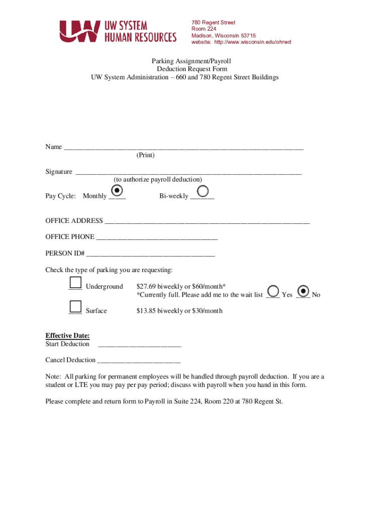 Fillable Online Parking Assignment/Payroll Deduction Request Form UW ...