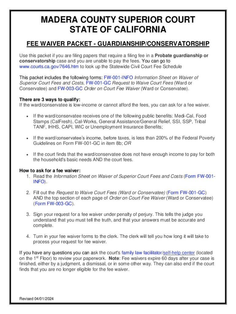 Fillable Online FEE WAIVER PACKET - GUARDIANSHIP/CONSERVATORSHIP Fax ...