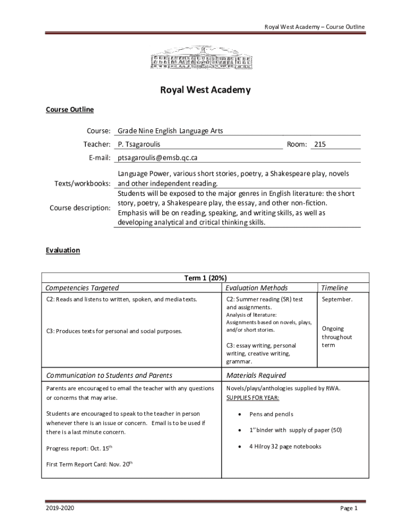 Fillable Online Grade 9 English Course (ENL1W) Fax Email Print - pdfFiller