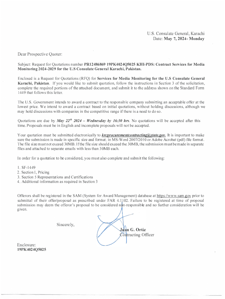 Fillable Online U.S. Consulate General, Karachi Dear Prospective Quoter ...