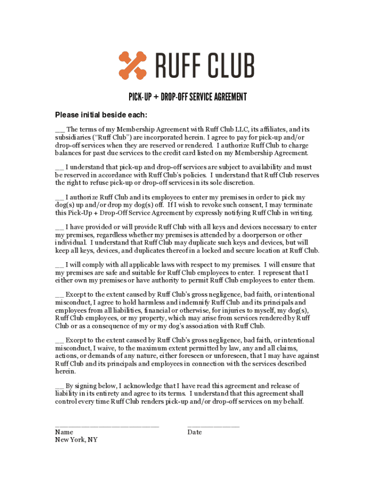 Fillable Online PICK-UP + DROP-OFF SERVICE AGREEMENT Fax Email Print ...