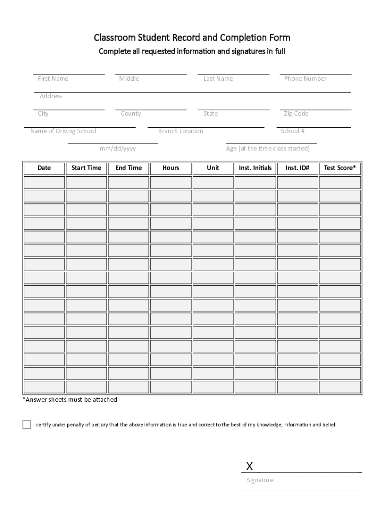 Fillable Online Classroom Student Record and Completion Form Fax Email Print - pdfFiller