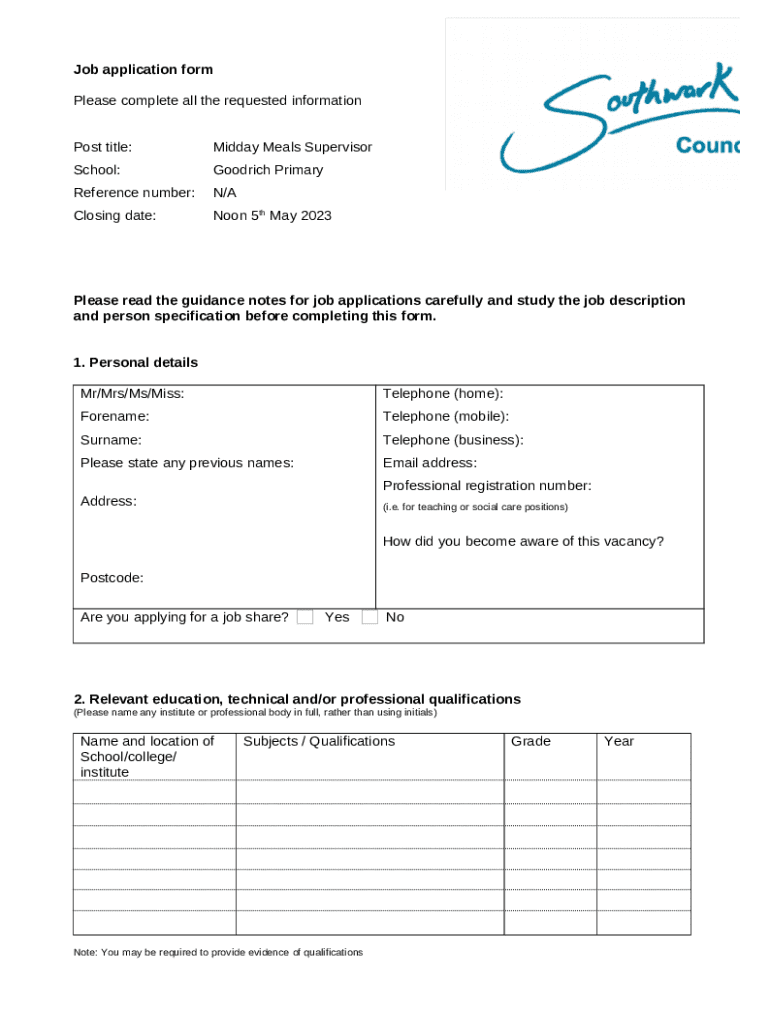 Lunch Supervisor Application References: Doc Template | pdfFiller