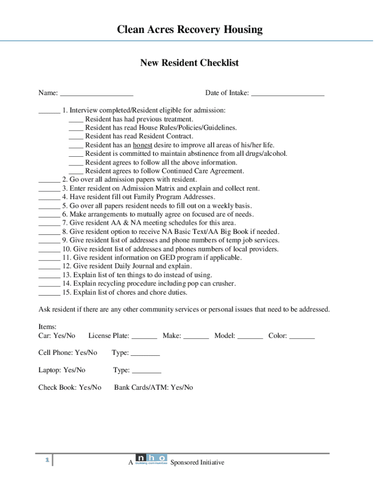 Fillable Online Clean Acres Recovery Housing - New Resident Checklist ...