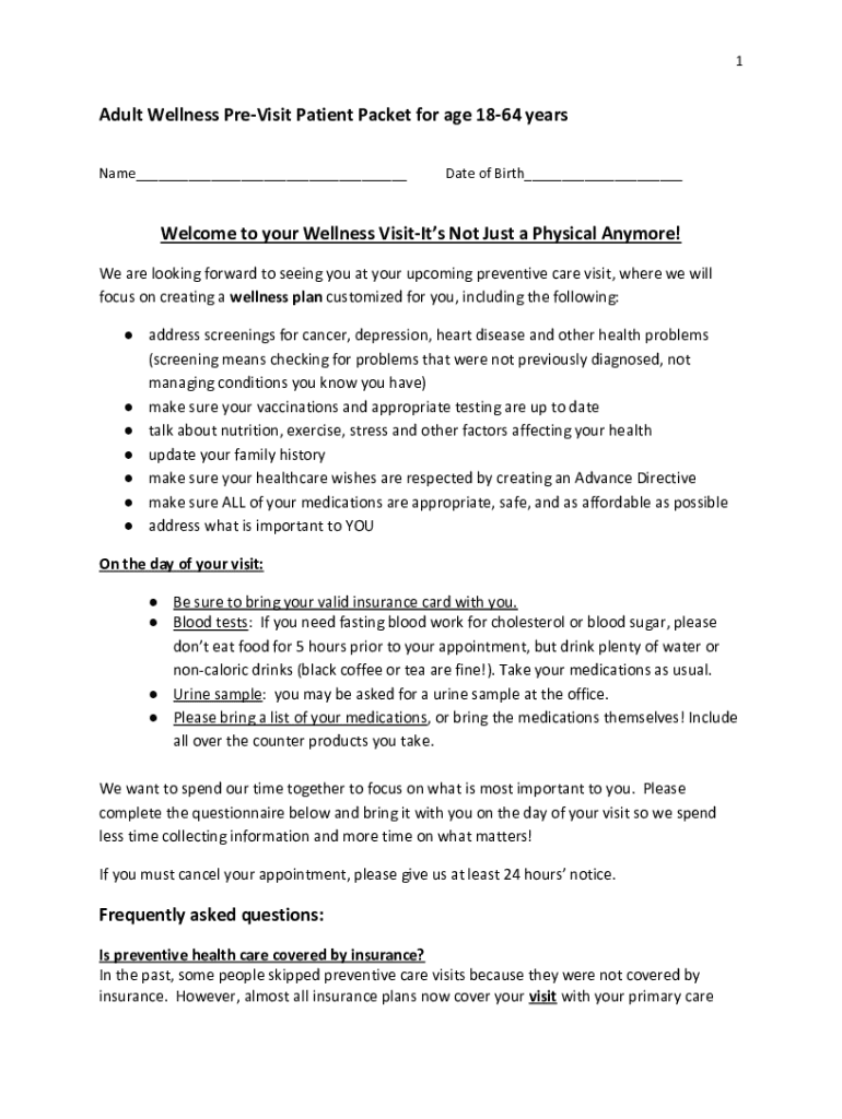 Fillable Online Adult Wellness Pre-Visit Patient Packet for age 18-64 years Fax Email Print ...
