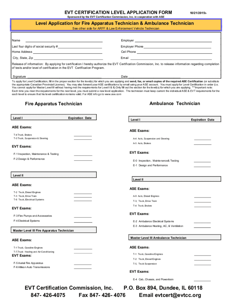 Fillable Online I am an Emergency Vehicle Technician (EVT) that works ...