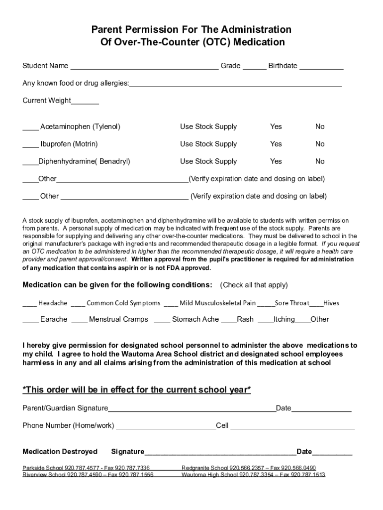 Fillable Online Parent Authorization to Administer Medication Of an ...