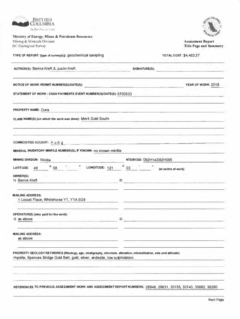 Fillable Online Geological Assessment Report For The Bnob Mineral ... Fax Email Print - pdfFiller