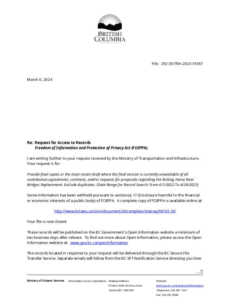 Fillable Online docs openinfo gov bc File: 292-30/TRA-2023-31067 March ...