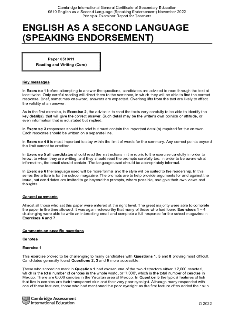 Fillable Online English As A Second Language 0510/22 - Cambridge IGCSE ...