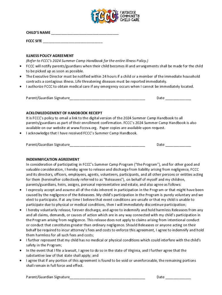 Fillable Online 2024 Summer Camp Agreements Form Fax Email Print ...
