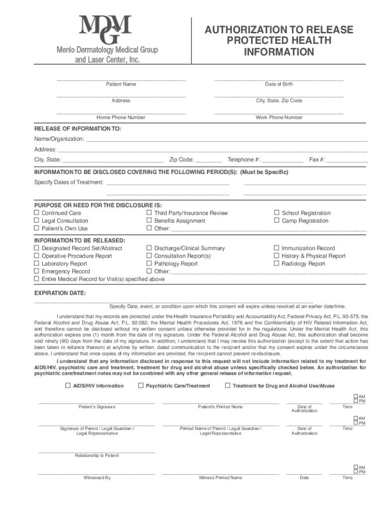 Fillable Online HIPAA Authorization: Release of Patient Information for Legal Fax Email Print ...